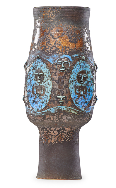 Edwin Scheier, Mary Scheier | Fine tall early vase with faces and ...