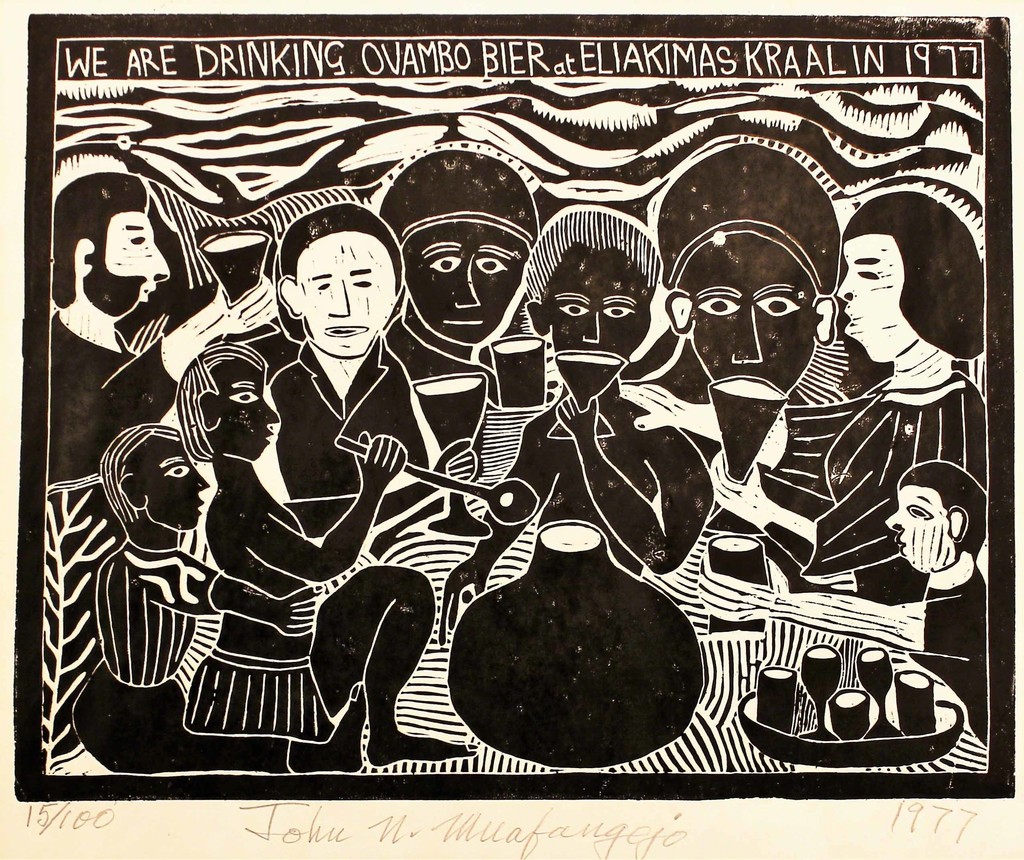 John Muafangejo | WE are drinking Ovambo Bier at Eliakimas in 1977 ...