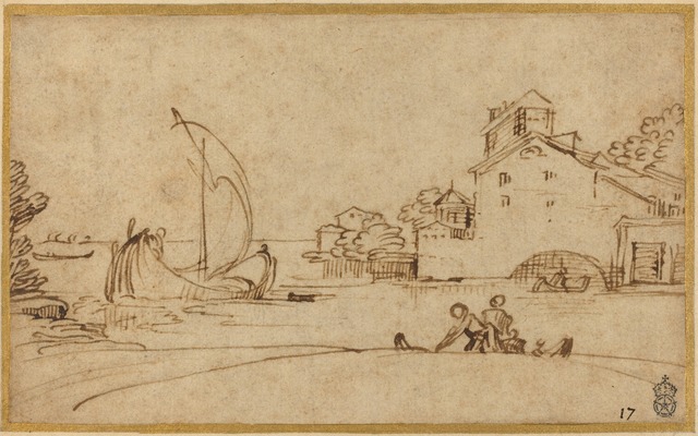 Annibale Carracci | Landscape with Figures by an Estuary with Sailing ...