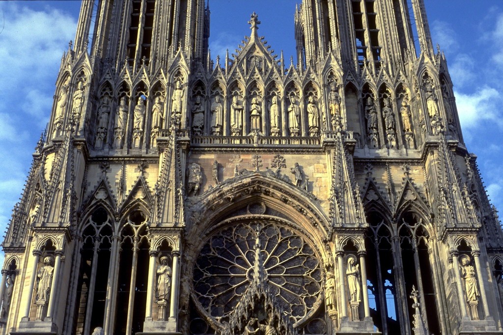 Reims Cathedral: exterior, detail of West facade showing tracery of ...
