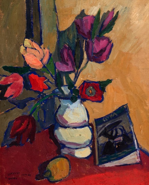 Angelo Savelli | Still life with tulips and book (1943) | Artsy